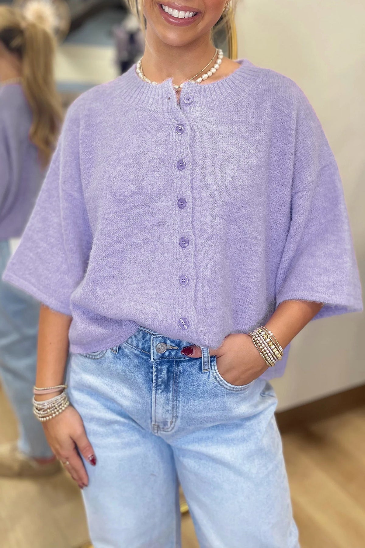 Lavendula 3/4 Sleeve Boxy Knit Button Down Sweater Cardigan | A ...